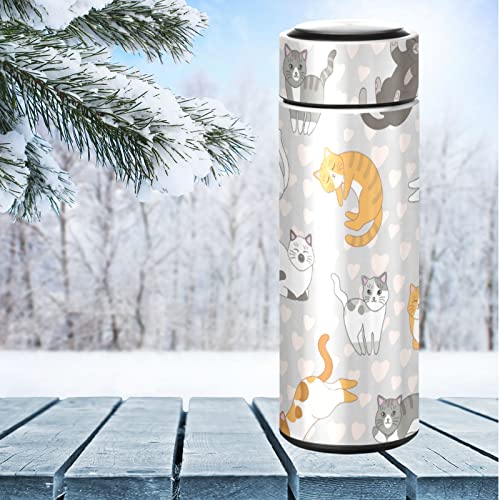 CaTaKu Pink Hearts Cats Water Bottle Insulated 16 oz Stainless Steel Flask Thermos Bottle for Coffee Water Drink Reusable Wide Mouth Vacuum Travel Mug Cup