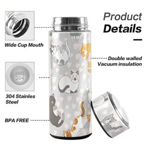 CaTaKu Pink Hearts Cats Water Bottle Insulated 16 oz Stainless Steel Flask Thermos Bottle for Coffee Water Drink Reusable Wide Mouth Vacuum Travel Mug Cup