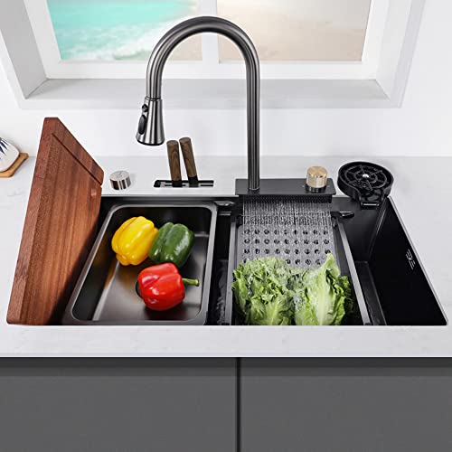 BLIOTE Stainless Steel Waterfall Kitchen Sink 30"x 18" with Knife Holder Large Single Slot Platform Upper and Lower Pot Washing Pot Set (Dark grey)