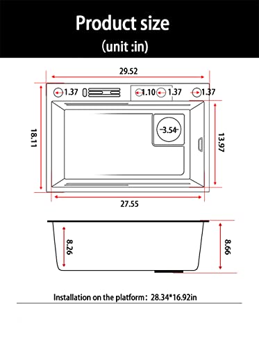 BLIOTE Stainless Steel Waterfall Kitchen Sink 30"x 18" with Knife Holder Large Single Slot Platform Upper and Lower Pot Washing Pot Set (Dark grey)