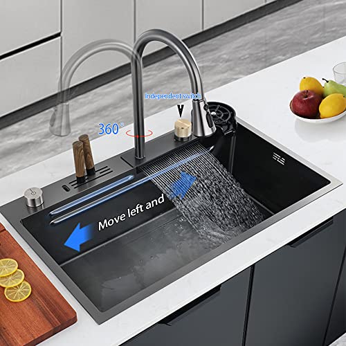 BLIOTE Stainless Steel Waterfall Kitchen Sink 30"x 18" with Knife Holder Large Single Slot Platform Upper and Lower Pot Washing Pot Set (Dark grey)