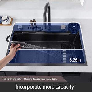 BLIOTE Stainless Steel Waterfall Kitchen Sink 30"x 18" with Knife Holder Large Single Slot Platform Upper and Lower Pot Washing Pot Set (Dark grey)