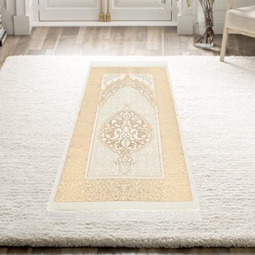 Luxemin Golden Color Luxurious Sheen, Soft and Velvety Muslim Prayer Rug | Janamaz | Sajadah | Soft Islamic Prayer Rug | Islamic Gifts Collection Prayer Carpet Mat, Taffeta Fabric