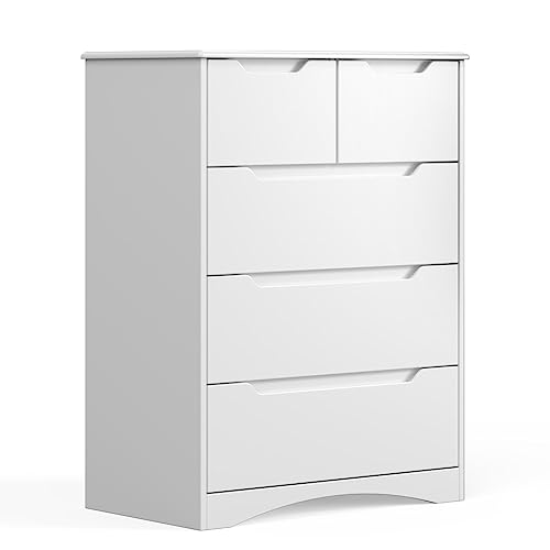 Gizoon 5 Drawers Chest, White Bedroom Drawer Dresser and Organizer with Large Storage Capacity, Embedded Handle, and Sturdy Anti-tripping Device, Modern Design Cabinet for Hallway, Office, Living Room