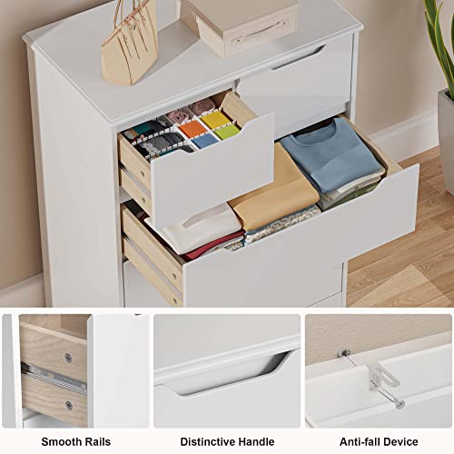 Gizoon 5 Drawers Chest, White Bedroom Drawer Dresser and Organizer with Large Storage Capacity, Embedded Handle, and Sturdy Anti-tripping Device, Modern Design Cabinet for Hallway, Office, Living Room