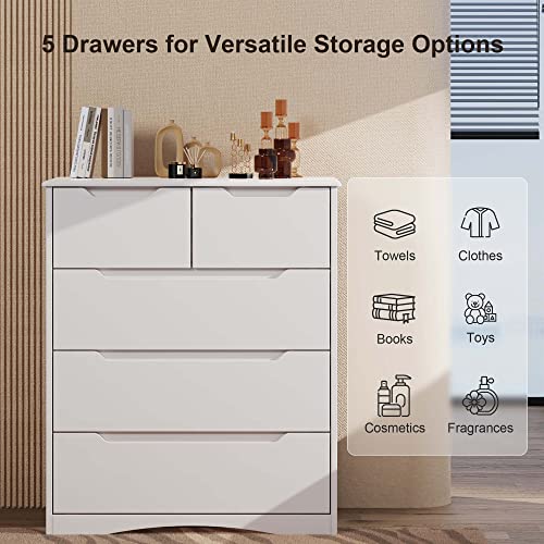 Gizoon 5 Drawers Chest, White Bedroom Drawer Dresser and Organizer with Large Storage Capacity, Embedded Handle, and Sturdy Anti-tripping Device, Modern Design Cabinet for Hallway, Office, Living Room