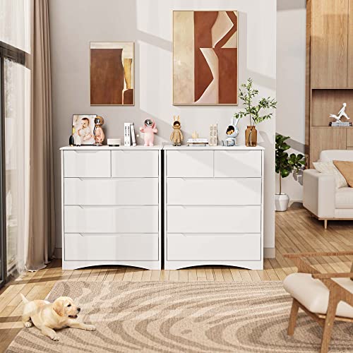 Gizoon 5 Drawers Chest, White Bedroom Drawer Dresser and Organizer with Large Storage Capacity, Embedded Handle, and Sturdy Anti-tripping Device, Modern Design Cabinet for Hallway, Office, Living Room