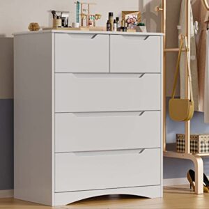 Gizoon 5 Drawers Chest, White Bedroom Drawer Dresser and Organizer with Large Storage Capacity, Embedded Handle, and Sturdy Anti-tripping Device, Modern Design Cabinet for Hallway, Office, Living Room