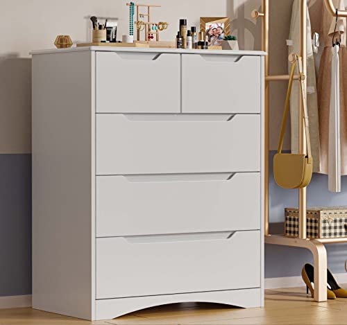 Gizoon 5 Drawers Chest, White Bedroom Drawer Dresser and Organizer with Large Storage Capacity, Embedded Handle, and Sturdy Anti-tripping Device, Modern Design Cabinet for Hallway, Office, Living Room