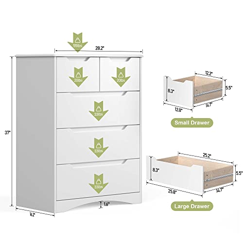 Gizoon 5 Drawers Chest, White Bedroom Drawer Dresser and Organizer with Large Storage Capacity, Embedded Handle, and Sturdy Anti-tripping Device, Modern Design Cabinet for Hallway, Office, Living Room