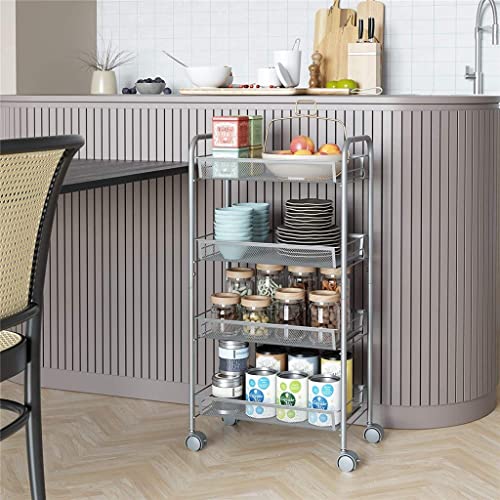 HOUKAI Multipurpose Metal Mesh Carts with Rolling Storage and Rack 4 Floors Silver Gray