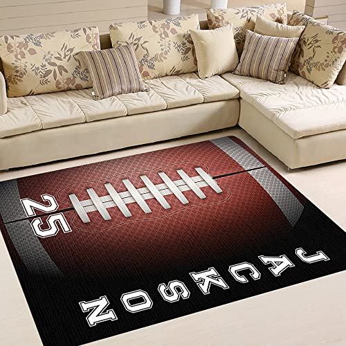 Personalized Football Art Rug with Name Number, Football Area Rug 2x3 3x5 4x6 5x8, Sports Ball Doormat for Living Room Bedroom Anti-Skid American Football Playing Rug Carpet Floor Mat Kitchen Rugs