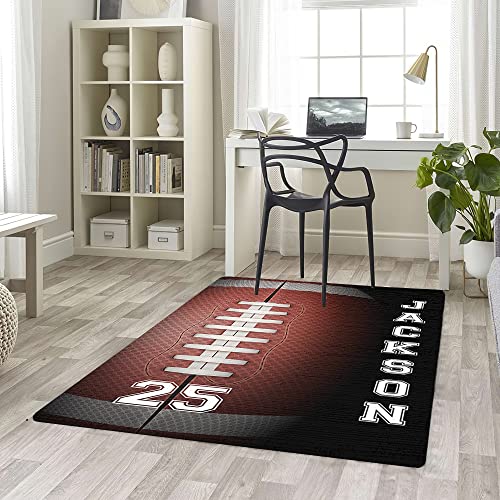 Personalized Football Art Rug with Name Number, Football Area Rug 2x3 3x5 4x6 5x8, Sports Ball Doormat for Living Room Bedroom Anti-Skid American Football Playing Rug Carpet Floor Mat Kitchen Rugs