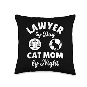 lawyer gifts for women cat mom law school student law women justice lawyer by day cat mom by night throw pillow, 16x16, multicolor