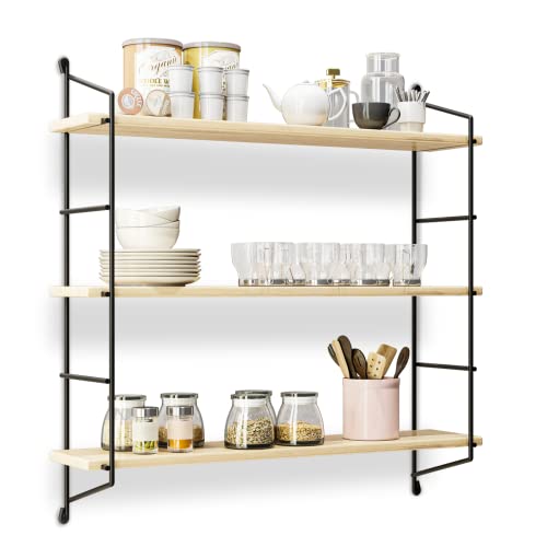 BENOLDY, 3 Tier Classic Black Metal Frame Wall Mounted Floating Shelf with Pine Wood Rack - Decorative Storage Wall Shelves for Bathroom, Kitchen, Living Room, and Bedroom Organization