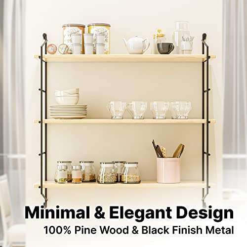 BENOLDY, 3 Tier Classic Black Metal Frame Wall Mounted Floating Shelf with Pine Wood Rack - Decorative Storage Wall Shelves for Bathroom, Kitchen, Living Room, and Bedroom Organization