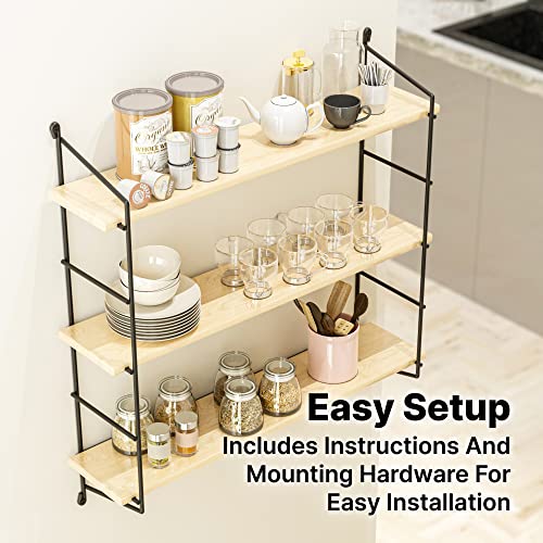 BENOLDY, 3 Tier Classic Black Metal Frame Wall Mounted Floating Shelf with Pine Wood Rack - Decorative Storage Wall Shelves for Bathroom, Kitchen, Living Room, and Bedroom Organization