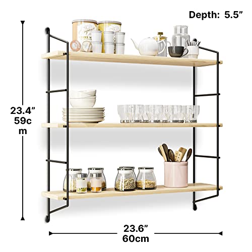 BENOLDY, 3 Tier Classic Black Metal Frame Wall Mounted Floating Shelf with Pine Wood Rack - Decorative Storage Wall Shelves for Bathroom, Kitchen, Living Room, and Bedroom Organization