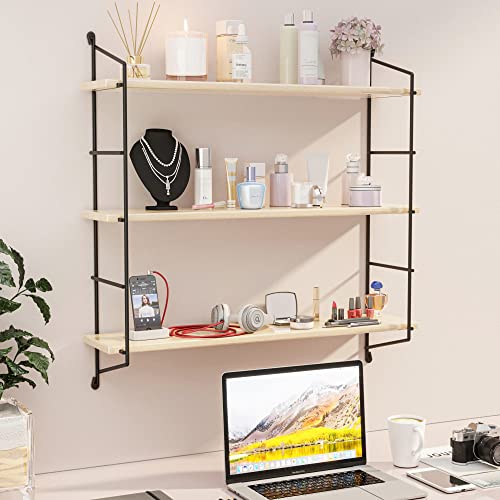 BENOLDY, 3 Tier Classic Black Metal Frame Wall Mounted Floating Shelf with Pine Wood Rack - Decorative Storage Wall Shelves for Bathroom, Kitchen, Living Room, and Bedroom Organization