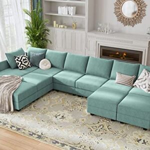 HONBAY Modular Sofa Couch with Storage Seats U Shaped Modular Sectional Sofa with Reversible Chiase Oversized Modular Sofa Sleeper Set with Ottomans, Aqua Blue