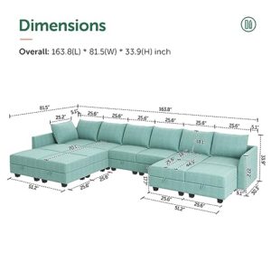 HONBAY Modular Sofa Couch with Storage Seats U Shaped Modular Sectional Sofa with Reversible Chiase Oversized Modular Sofa Sleeper Set with Ottomans, Aqua Blue