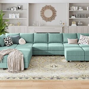 HONBAY Modular Sofa Couch with Storage Seats U Shaped Modular Sectional Sofa with Reversible Chiase Oversized Modular Sofa Sleeper Set with Ottomans, Aqua Blue