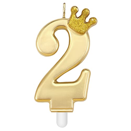 3.9inch Birthday Number Candle, Large 3D Number Birthday Candles for Cake with Glitter Crown Decor Cake Topper Candle for Wedding Ceremony Anniversary Festival Party (Gold, 2)