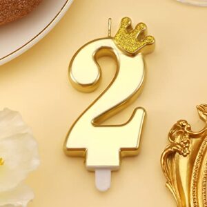 3.9inch Birthday Number Candle, Large 3D Number Birthday Candles for Cake with Glitter Crown Decor Cake Topper Candle for Wedding Ceremony Anniversary Festival Party (Gold, 2)