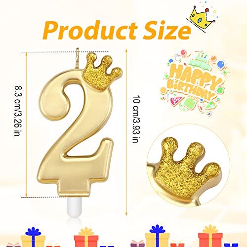 3.9inch Birthday Number Candle, Large 3D Number Birthday Candles for Cake with Glitter Crown Decor Cake Topper Candle for Wedding Ceremony Anniversary Festival Party (Gold, 2)