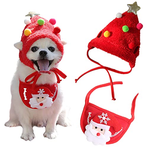 BONICI 2 Pcs-Super Cute Funny Kawaii Dog Puppy Christmas Suit Hat+ Saliva Towel Tissue, Dog Christmas Costume Pet Santa Outfit Santa Reindeer Deer Christmas Green Tree Snowman -Red Hat (S)