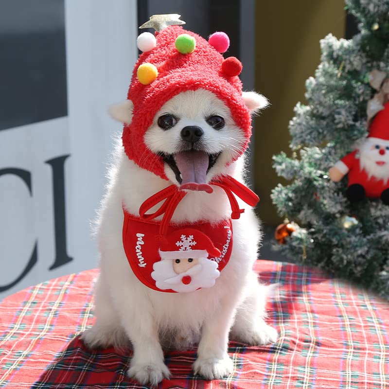 BONICI 2 Pcs-Super Cute Funny Kawaii Dog Puppy Christmas Suit Hat+ Saliva Towel Tissue, Dog Christmas Costume Pet Santa Outfit Santa Reindeer Deer Christmas Green Tree Snowman -Red Hat (S)