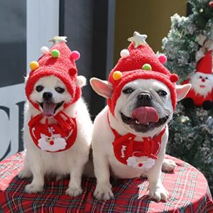 BONICI 2 Pcs-Super Cute Funny Kawaii Dog Puppy Christmas Suit Hat+ Saliva Towel Tissue, Dog Christmas Costume Pet Santa Outfit Santa Reindeer Deer Christmas Green Tree Snowman -Red Hat (S)