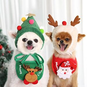 BONICI 2 Pcs-Super Cute Funny Kawaii Dog Puppy Christmas Suit Hat+ Saliva Towel Tissue, Dog Christmas Costume Pet Santa Outfit Santa Reindeer Deer Christmas Green Tree Snowman -Red Hat (S)