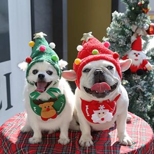 BONICI 2 Pcs-Super Cute Funny Kawaii Dog Puppy Christmas Suit Hat+ Saliva Towel Tissue, Dog Christmas Costume Pet Santa Outfit Santa Reindeer Deer Christmas Green Tree Snowman -Red Hat (S)