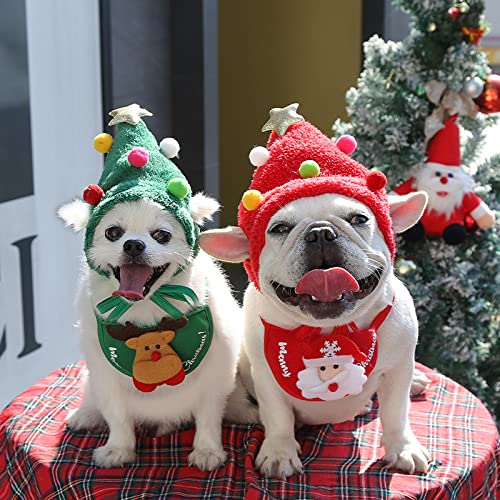 BONICI 2 Pcs-Super Cute Funny Kawaii Dog Puppy Christmas Suit Hat+ Saliva Towel Tissue, Dog Christmas Costume Pet Santa Outfit Santa Reindeer Deer Christmas Green Tree Snowman -Red Hat (S)