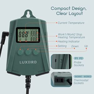 LUXBIRD LB-2SC Digital Heating Mat Thermostat Temperature Controller with 2 Probes and 2 Outlets for Germination, Reptiles, Brewing, Breeding, Incubation, Greenhouse (Max 250W per Outlet)