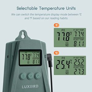 LUXBIRD LB-2SC Digital Heating Mat Thermostat Temperature Controller with 2 Probes and 2 Outlets for Germination, Reptiles, Brewing, Breeding, Incubation, Greenhouse (Max 250W per Outlet)