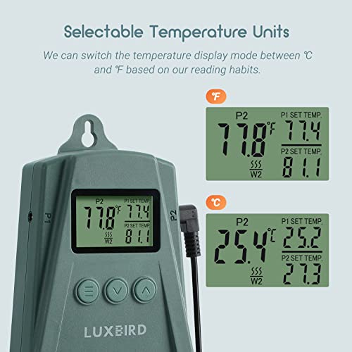 LUXBIRD LB-2SC Digital Heating Mat Thermostat Temperature Controller with 2 Probes and 2 Outlets for Germination, Reptiles, Brewing, Breeding, Incubation, Greenhouse (Max 250W per Outlet)