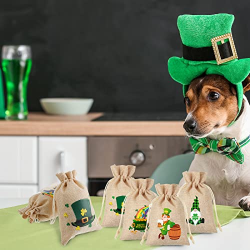 Riakrum 48 Pieces St. Patricks Day Burlap Gift Bags with Drawstring St. Patricks Day Shamrock Linen Goody Gift Bags Jute Treat Candy Bags for St. Patrick's Day Party Supplies, 4 Different Designs