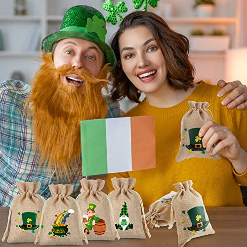 Riakrum 48 Pieces St. Patricks Day Burlap Gift Bags with Drawstring St. Patricks Day Shamrock Linen Goody Gift Bags Jute Treat Candy Bags for St. Patrick's Day Party Supplies, 4 Different Designs