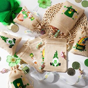 Riakrum 48 Pieces St. Patricks Day Burlap Gift Bags with Drawstring St. Patricks Day Shamrock Linen Goody Gift Bags Jute Treat Candy Bags for St. Patrick's Day Party Supplies, 4 Different Designs