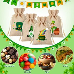 Riakrum 48 Pieces St. Patricks Day Burlap Gift Bags with Drawstring St. Patricks Day Shamrock Linen Goody Gift Bags Jute Treat Candy Bags for St. Patrick's Day Party Supplies, 4 Different Designs