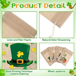 Riakrum 48 Pieces St. Patricks Day Burlap Gift Bags with Drawstring St. Patricks Day Shamrock Linen Goody Gift Bags Jute Treat Candy Bags for St. Patrick's Day Party Supplies, 4 Different Designs