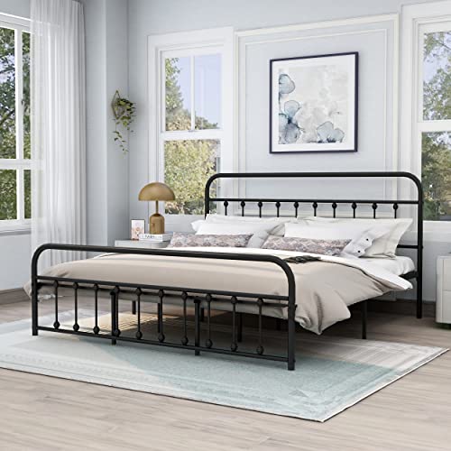 RYR Victorian Metal Platform King Size Bed Frame with Headboard Footboard No Box Spring Required Black