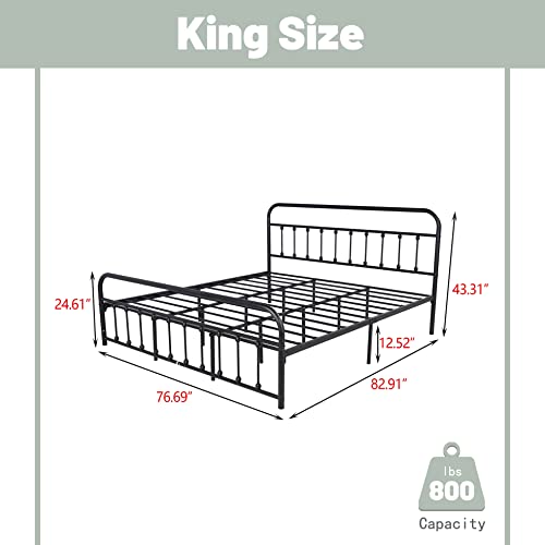 RYR Victorian Metal Platform King Size Bed Frame with Headboard Footboard No Box Spring Required Black