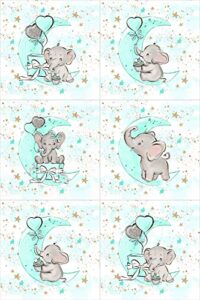 uniquefabricpanels mint elephant fabric panel set (6 panels), quilting panels, baby quilt panels, cotton baby panels, blanket panel, panel for quilts