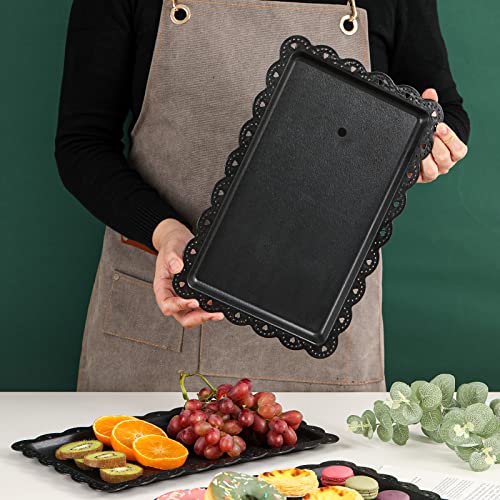 Plastic Serving Trays Food Tray - 14" x 9" Black Rectangle Serving Platter for Party | Cafeteria | Kitchen | Restaurant - Set of 4 Small Flat Trays for Dessert | Fruit | Cookie | Snack | Appetizer