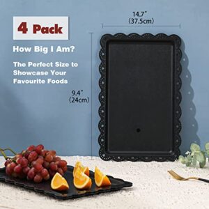 Plastic Serving Trays Food Tray - 14" x 9" Black Rectangle Serving Platter for Party | Cafeteria | Kitchen | Restaurant - Set of 4 Small Flat Trays for Dessert | Fruit | Cookie | Snack | Appetizer