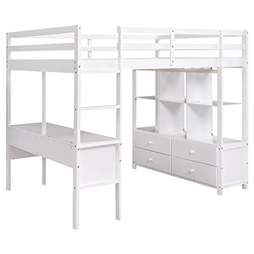 Harper & Bright Designs Full Loft Bed with Desk, Solid Wood Frame Storage Shelves and Drawers (Full Size, White), Gray(storage)