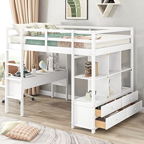 Harper & Bright Designs Full Loft Bed with Desk, Solid Wood Frame Storage Shelves and Drawers (Full Size, White), Gray(storage)